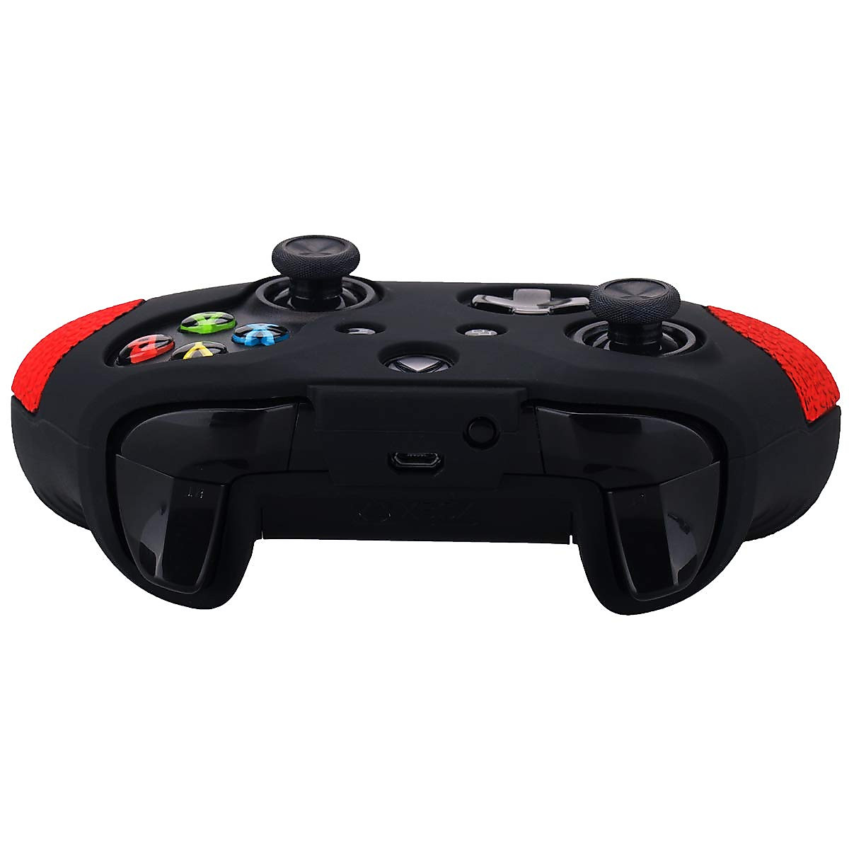 YoRHa Thickened Rubber Silicone Cover Skin Case 3D Letters Massage Grip for Xbox One S/X Controller x 1(Black&Red) with PRO Thumb Grips x 8