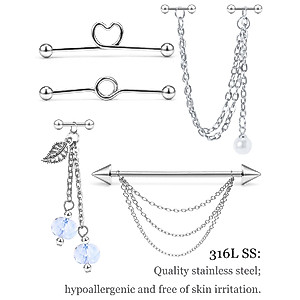 Uzgtvy 16G Industrial Earrings Bar Barbells Piercing Jewelry 316L Stainless Surgical Steel Silver Dangle Industrial Ear Earring Rings Chain Cartilage Helix Industrial Piercing Jewelry 38mm Women Men