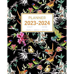 Planner July 2023-2024 June: 8x10 Large Notebook Organizer with Hourly Time Slots | Summer Flower Exotic Bird Design Black
