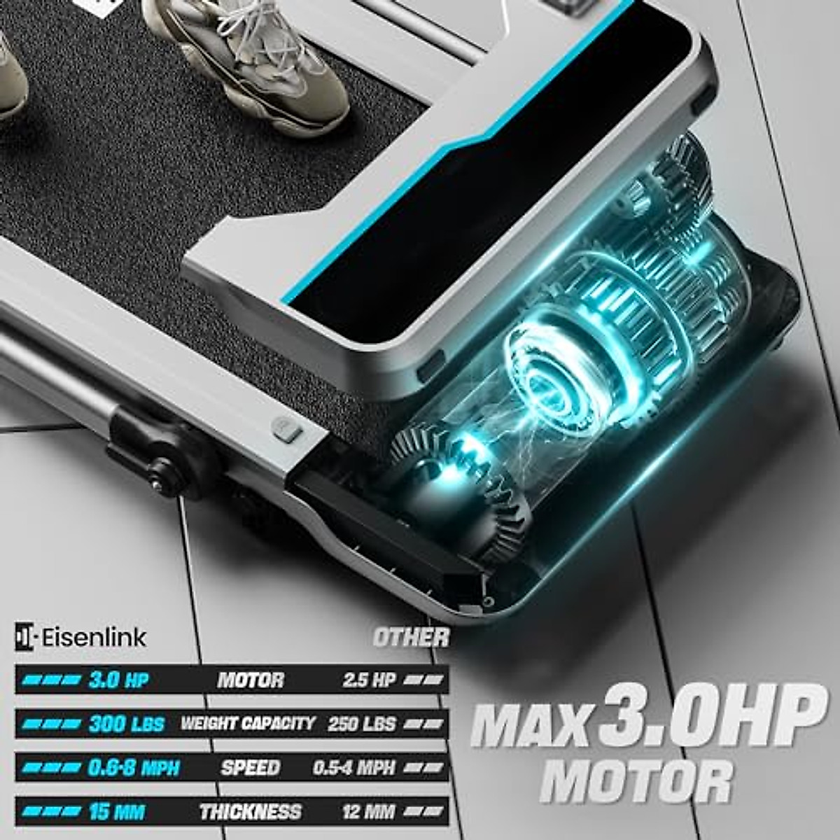 Eisenlink 2 in 1 Foldable Treadmill Under Desk for Home with Manual Incline, APP Control Portable Treadmill Quiet for Small Space Workstation 300 lbs Weight Capacity, Installation-Free 3.0 MPH