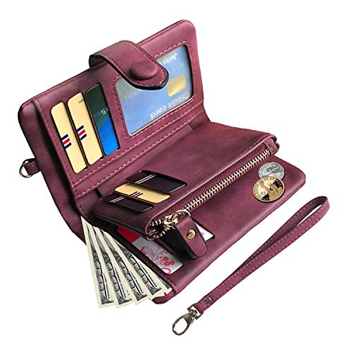 Womens Small Bifold Leather Wallets Rfid Ladies Wristlet with Card slots id window Zipper Coin Purse (Purple)