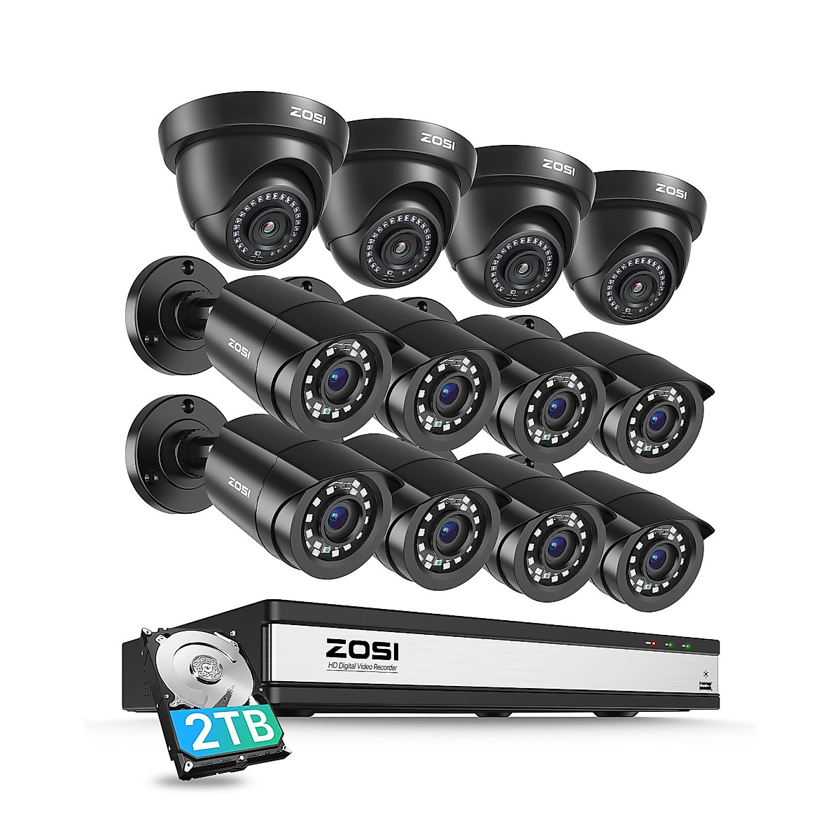 ZOSI 16CH 1080P Security Camera System with 2TB Hard Drive,H.265+ 16Channel 1080P HD-TVI DVR with 12PCS 1080P Outdoor Indoor Surveillance Cameras, 80ft Night Vision, Motion Detection,Remote Access