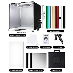 SAMTIAN Upgrade 8 Backdrops Light Box, 12" Shooting Tent with 120 LED Lights Photo Studio Light Box Photography with Reflection Board & Diffuser for Small Size Product Photography