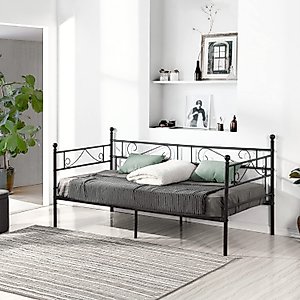 Symylife Classic Twin Daybed Metal Bed Frame with Headboard, Sturdy Steel Slats Support, Easy Assembly, Mattress Platform Bed Sofa for Living Room Guest Room,Black