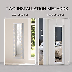 HOMCOM Jewelry Armoire with Mirror and 18 LED Lights, Wall-Mounted/Over-The-Door Cabinet with 3 Mountable Heights, White