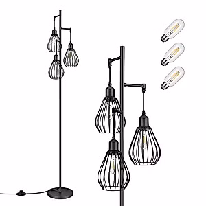 EDISHINE Industrial Floor Lamp, Tree Floor Lamp with 3 Elegant Teardrop Cage Head & 4W 3000K Edison Bulbs, Sturdy Base Standing Floor Lamp for Bedroom, Living Room, Office, E26 Base