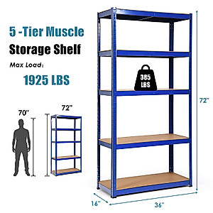 Giantex Storage Rack Shelving Unit Storage Shelf Steel Garage Utility Rack 5-Shelf Adjustable Shelves Heavy Duty Display Stand for Books, Kitchenware, Tools Bolt-Free Assembly 36"x 16"x 72”, Blue