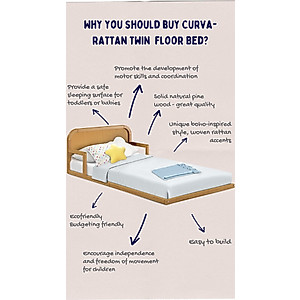 P’kolino Curva Rattan Kids Twin Size Floor Bed Frame with Headboard - FSC Certified Solid Pine Wood - Natural