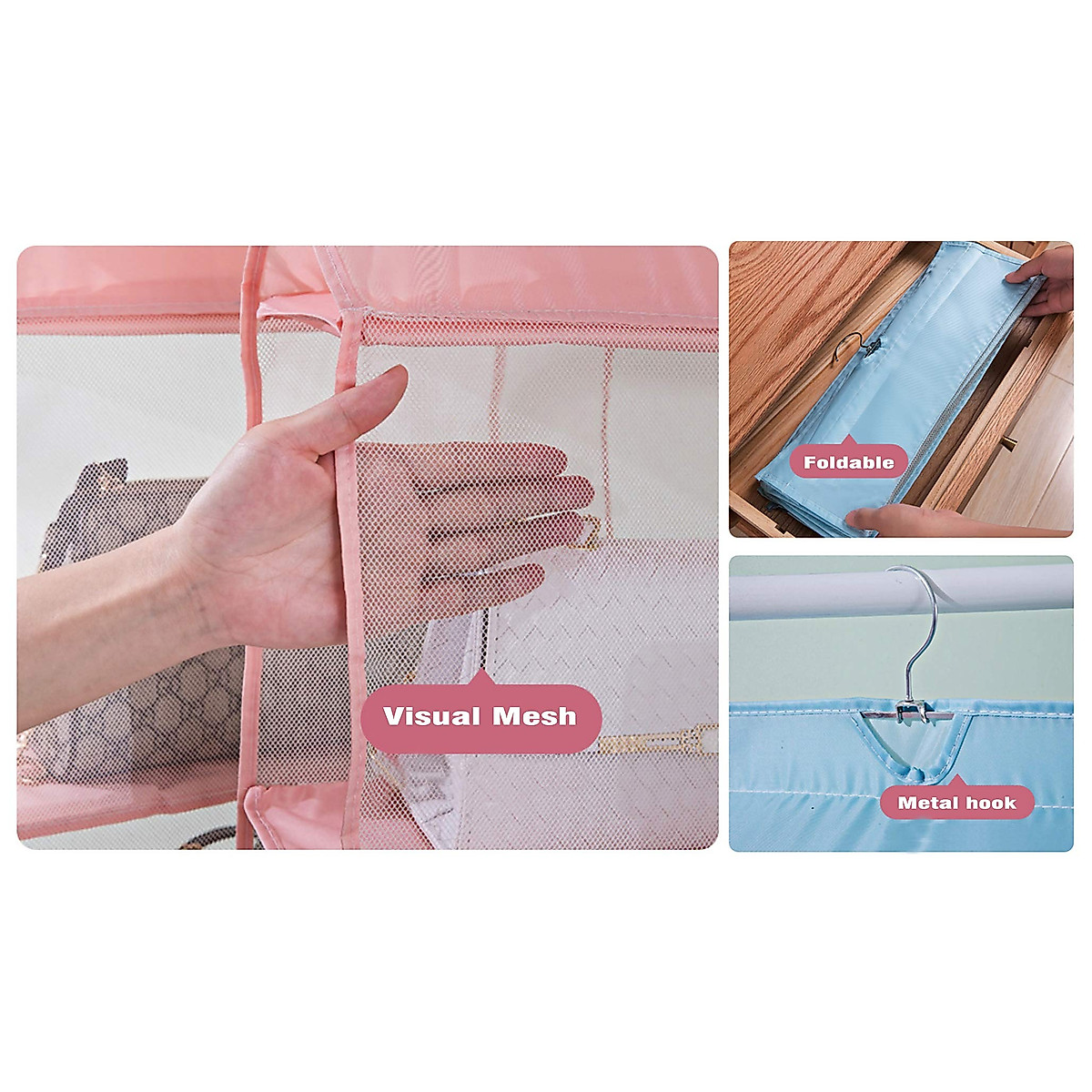 AARAINBOW Hanging Clear Handbag Purse Organizer for Closet, Handbag Organizer with Hook 4 Easy Access Pockets Wardrobe Closet Space Saving Organizers System, 47.2 L x 15.7Wx 6.3D (Gray)