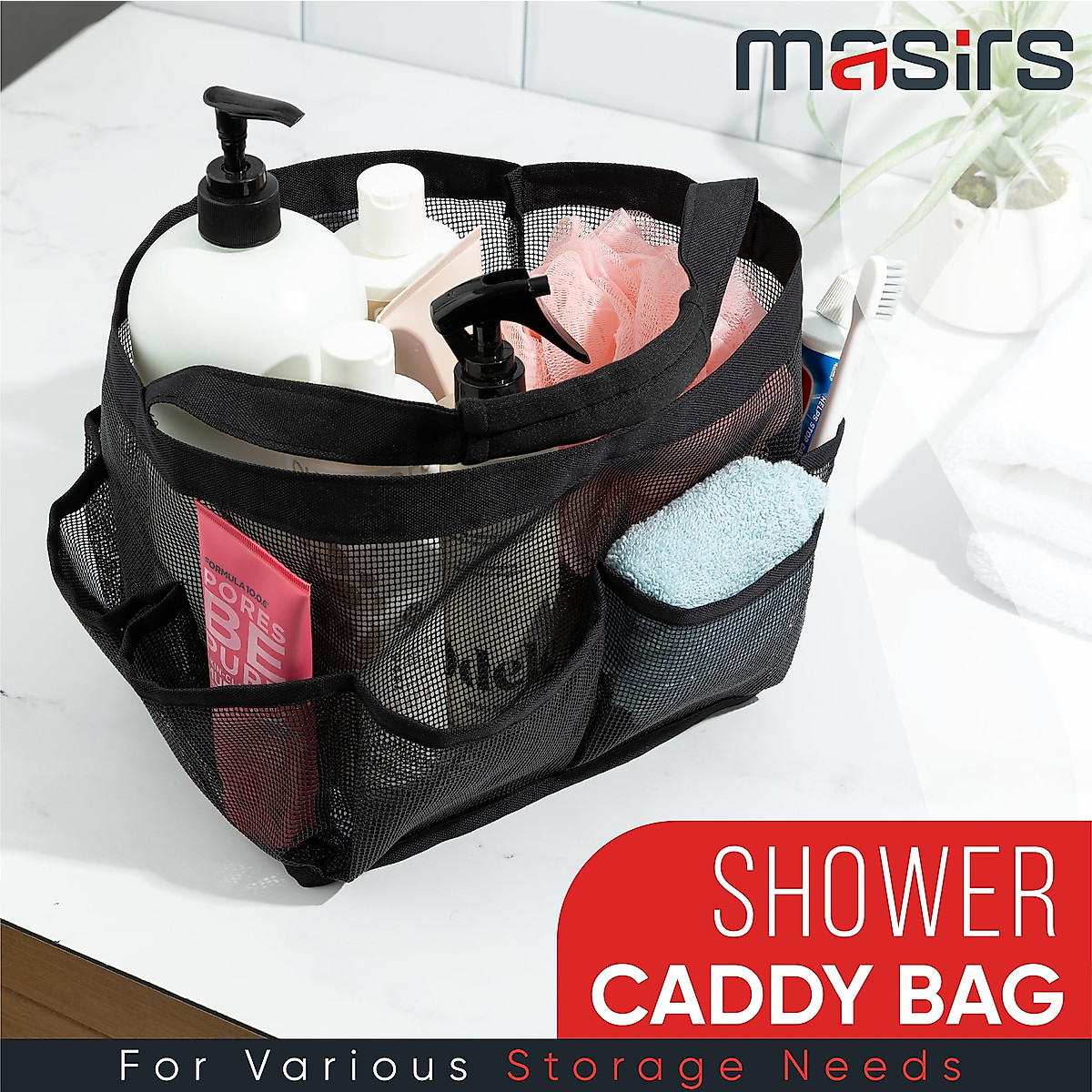 Masirs Mesh Shower Caddy Bag - (9 Pocket) Large Collapsible, Portable Bathroom Organizer for Travel, Gym, & Dorm - Easily Carry & Organize Bathroom Toiletry Essential (Black)