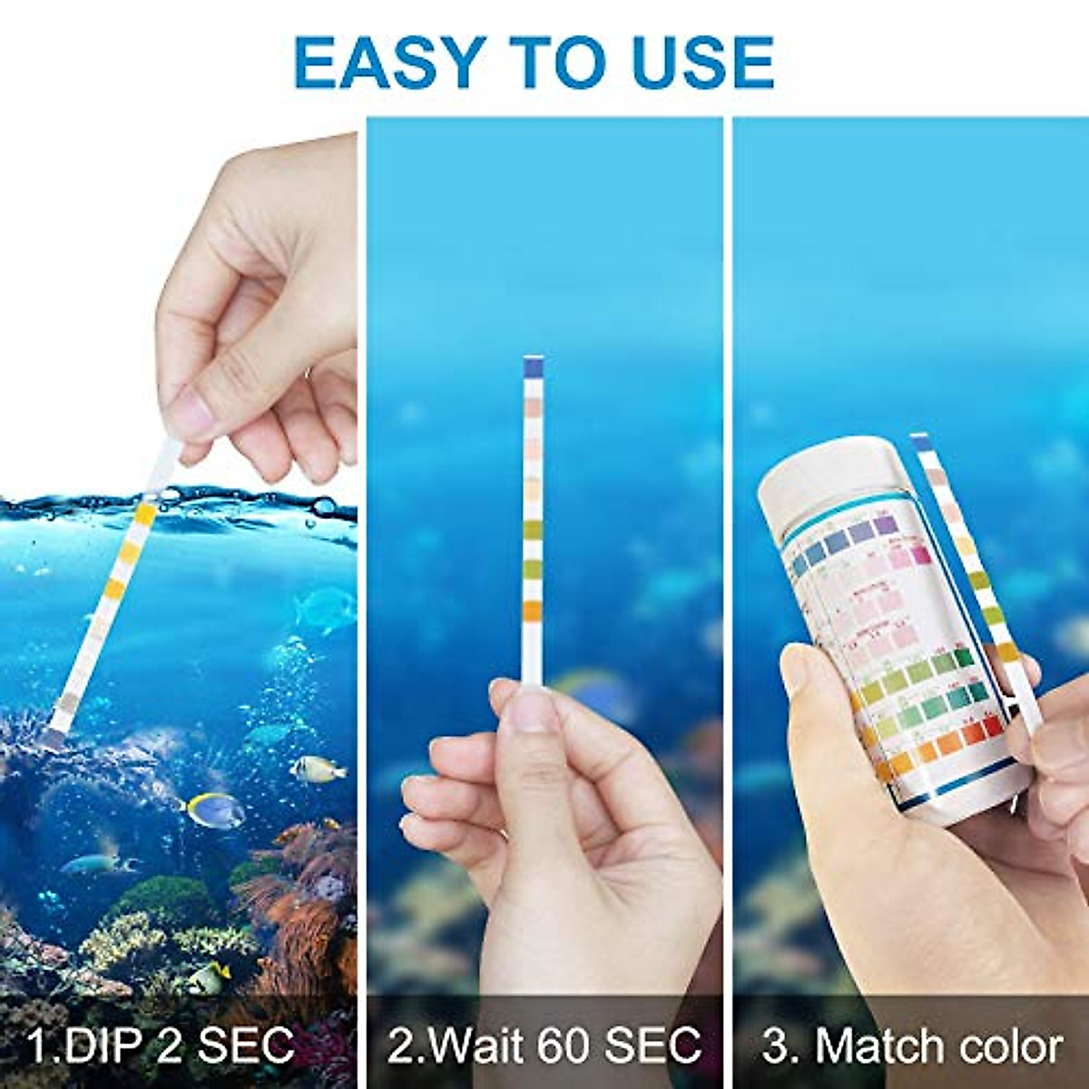 7 in 1 Aquarium Test Strips, Fish Tank Test Kit,Freshwater Saltwater Aquarium Water Test Kit to Detect pH Nitrite Nitrate Chlorine Carbonate Hardness (GH & KH)-100 Strips