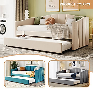 Flieks Twin Size Upholstered Daybed,Solid Wood Sofa Bed Frame Daybed Couch with Trundle Bed and Wood Slat,Beige