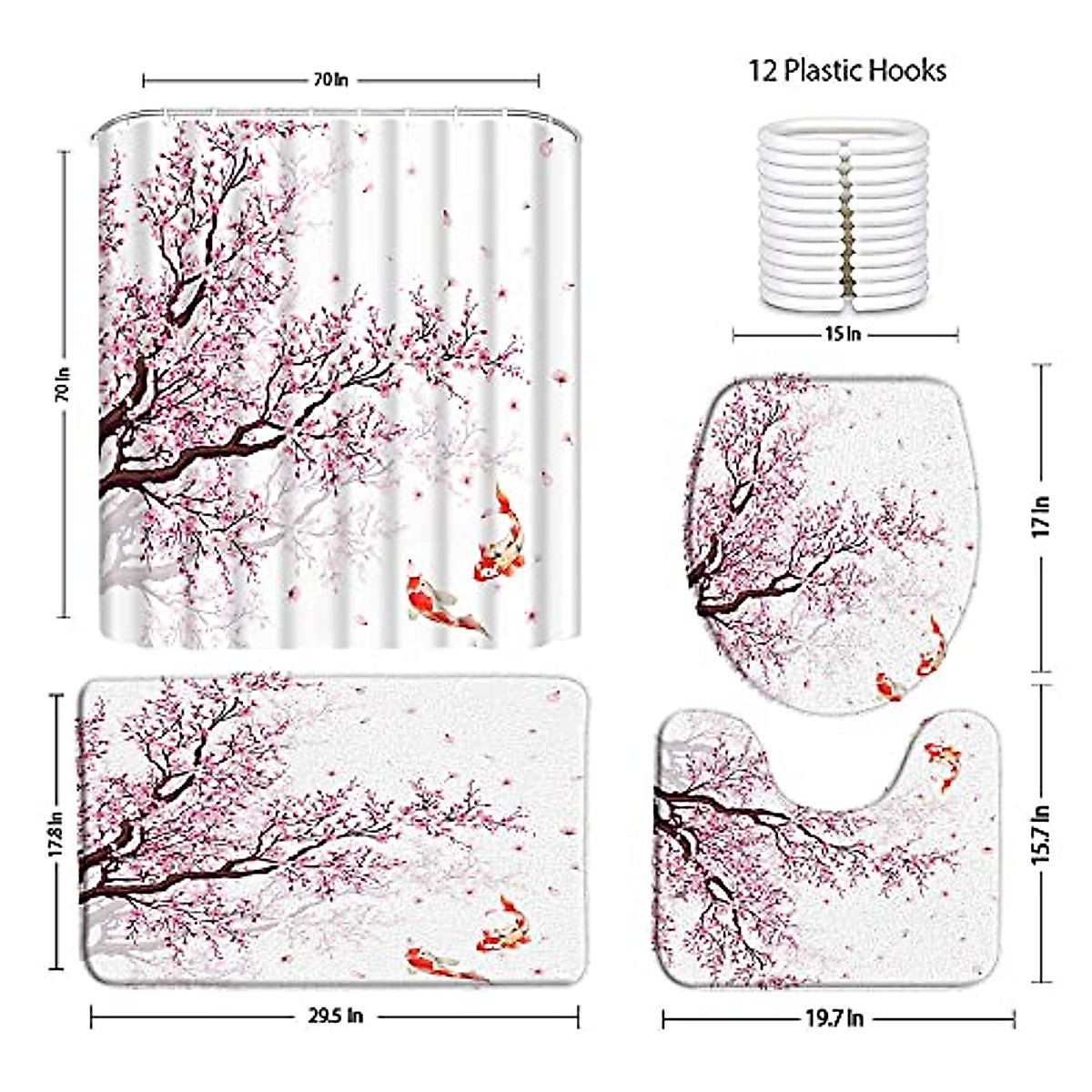 4 Pcs Cherry Blossom Shower Curtain Sets,Pink Floral Plum Blossom Blooming Spring Asian Japanese 70&quot;x 70&quot; Bathroom Curtain with 12 Hooks,29.5&quot;x 17.8&quot; Bath Mat,Toilet Seat Cover, U-Shaped Toilet