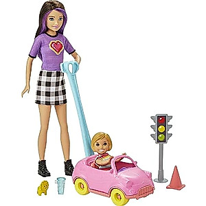Barbie Skipper Babysitters Inc. Accessories Set with Small Toddler Doll & Toy Car, Plus Traffic Light, Cone, Cup & Lion Toy, Gift for 3 to 7 Year Olds , White