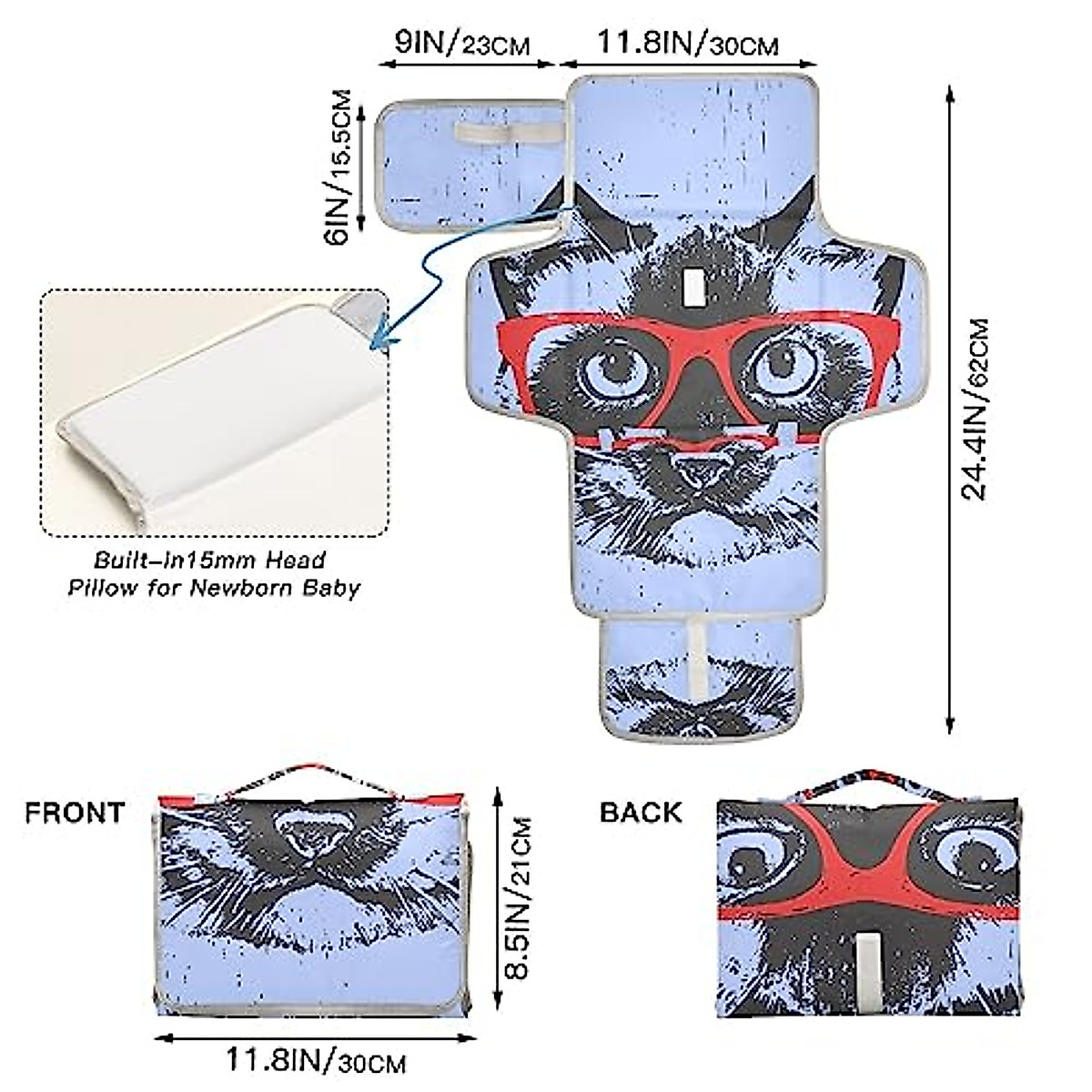 Cat Portable Baby Changing Pad Diaper Changing Table Pads Foldable Travel Changing Mat with Built-in Pillow for Newborn Essentials Baby