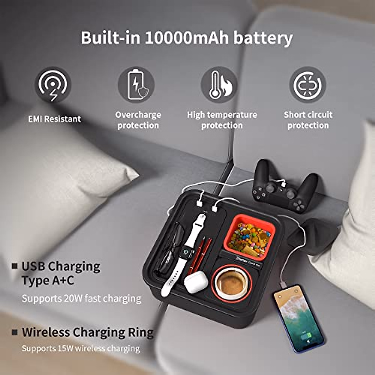 Zigtiger Cup Holder Tray with Wireless Power Bank, Couch Tray Couch Caddy with Cup Holder Sofa Drink Snack Caddy, Couch Organizer, Self Balancing Console for Sofa, Couch, Bed, Car, Beach, Video, Game