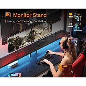ODK 63 inch Computer Desk with Power Outlets & LED Lights, Gaming Desk with Monitor Stand & Storage Sheves, Home Office Desk, Black
