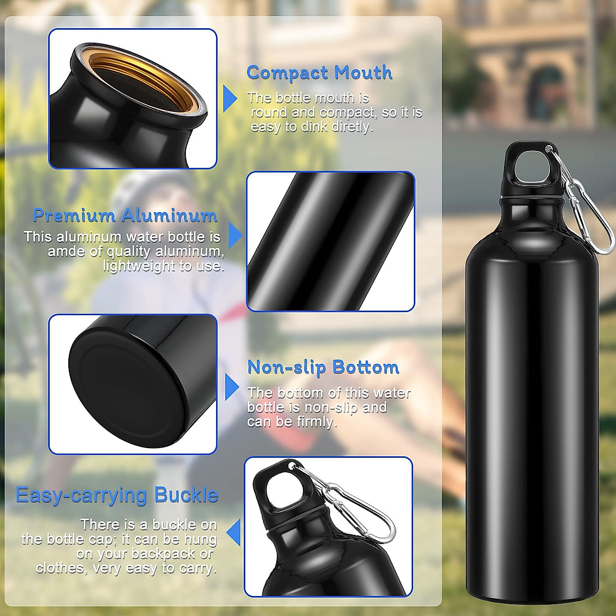 24 Pack Aluminum Water Bottles Bulk 25 oz Black Metal Sport Water Bottles with Carabiner and Twist Cap Reusable Lightweight Leak Proof Sport Bottles Team Pack for Camping Travelling Cycling Climbing