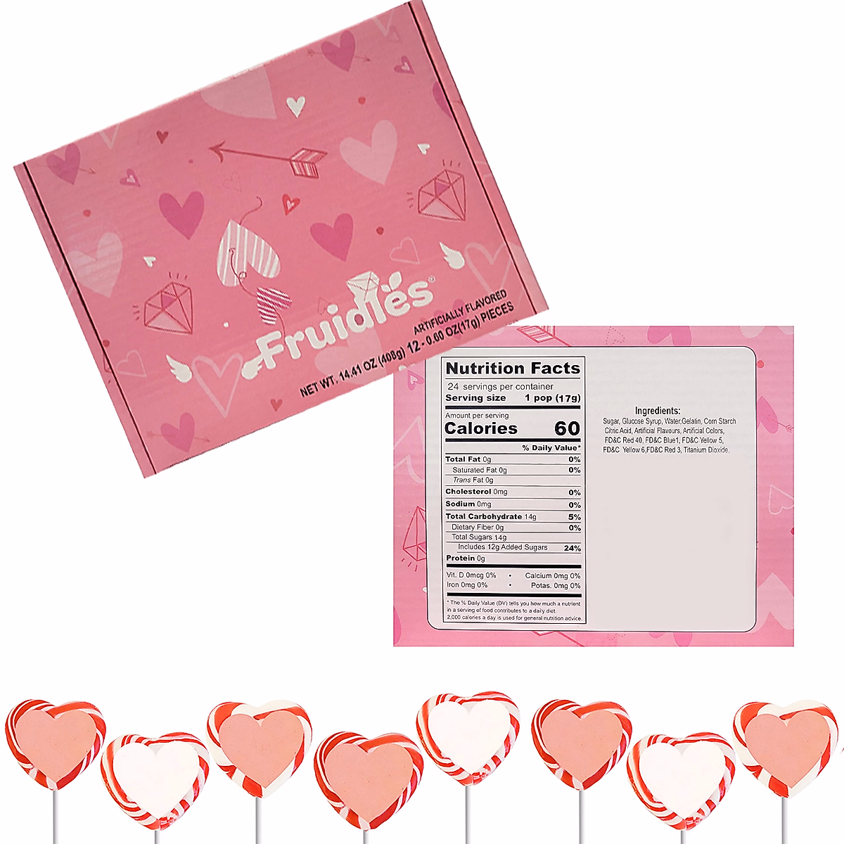 Fruidles Valentine's Day Red and White Swirl Heart Lollipop Candy Sucker Assorted, Individually Wrapped (24-Pack)