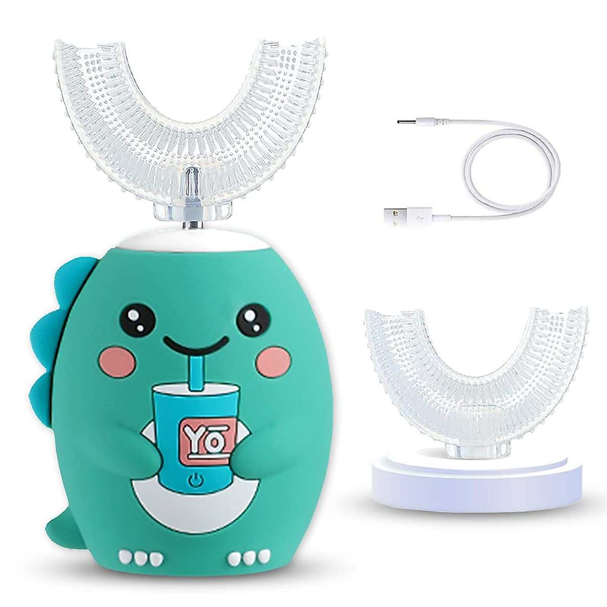 DORCAS U Shaped Toothbrush Kids Electric Toothbrushes, 6 Ultrasonic Cleaning Modes, IPX7 Waterproof, 59S Smart Reminder Toddler Toothbrush(Green Dinosaur, Ages 2-7)