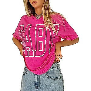 Verdusa Women's Oversized T Shirt Letter Graphic Drop Shoulder Round Neck Tee Top Hot Pink S