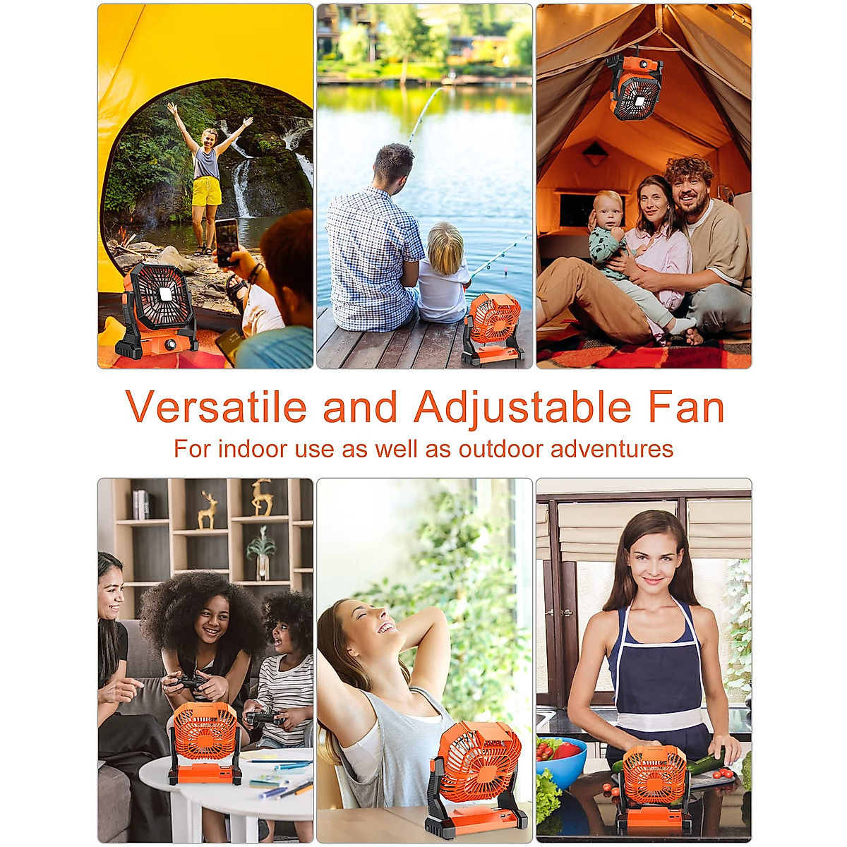 Camping Fan for Tent, 15000mAh Rechargeable Battery Operated Fan, Portable Tent Fan for Camping with Light, Hook, Timer, 270° Rotation, Outdoor USB Fan for Picnic BBQ Fishing Travel Hurricane Jobsite
