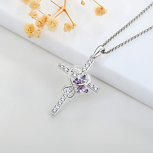 JO WISDOM Butterfly Cross Necklace 925 Sterling Silver Infinity Heart Cross Pendant Necklace for Women with 5A Cubic Zirconia February Birthstone Amethyst Color