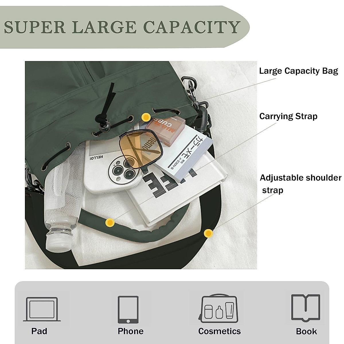 BAKLUCK Nylon Bucket Bags for Women - Spill-proof, Multi-pocket, Large Capacity, Casual, Work, Travel, Green - Tote, Women's Shoulder Bags