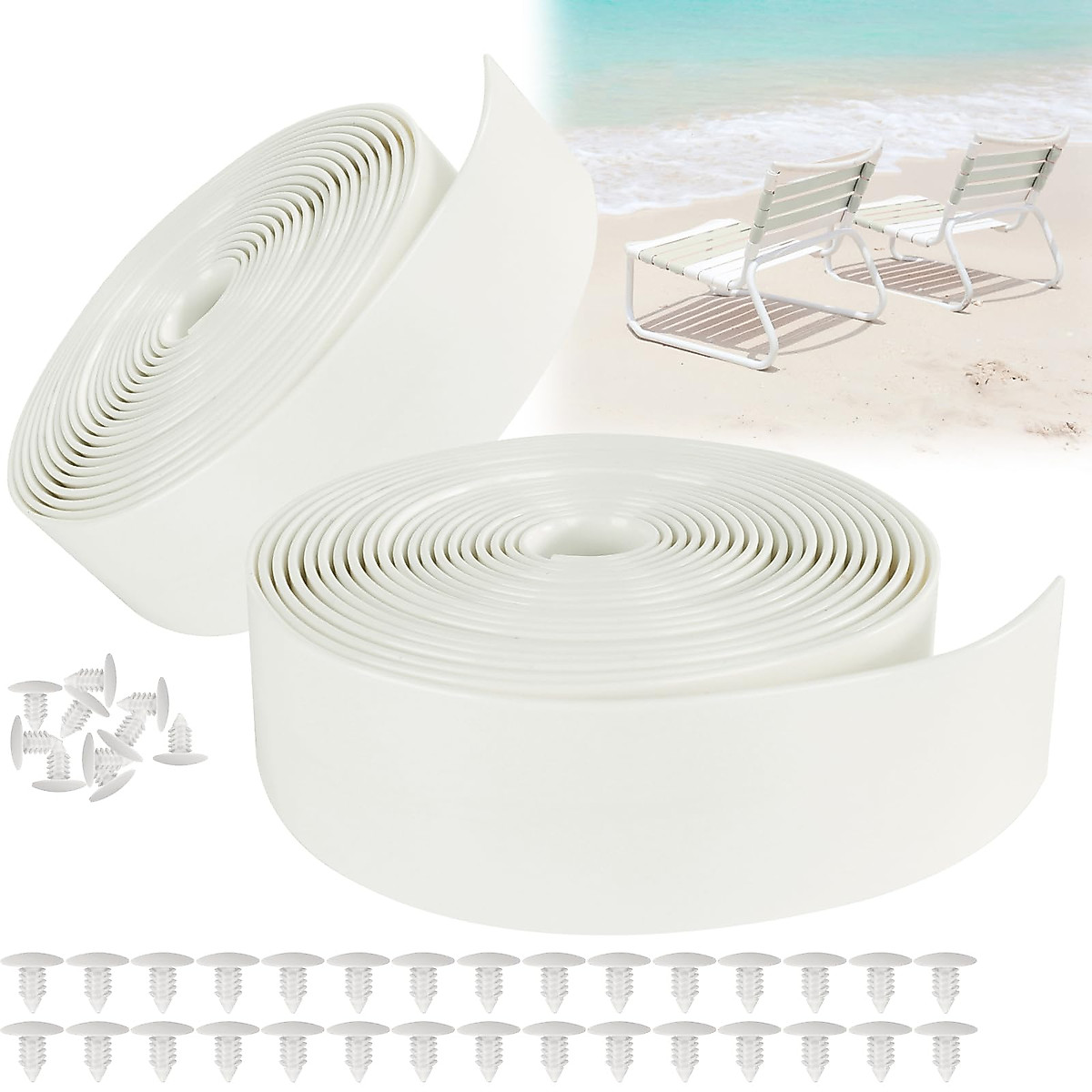 LukLoy Vinyl Straps for Patio Chairs Repair, 2 Pack 2" Wide x 20ft Long Replacement Straps for Patio Chairs Garden, Lawn Chair Repair Straps with 40 Rivets, White