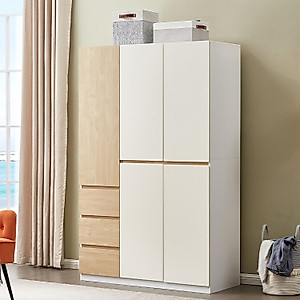 Idealcabin Closet Wardrobe 3 Doors White Wood Armoire Wardrobe Closet Cabinet with Hanging Rod 3 Drawers for Bedroom Armoires Tall Clothes Storage Closets(20.5" D x 47.2" W x 74.8" H)