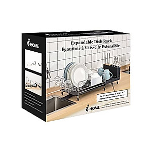 i-Home Drying Rack with Swivel Spout for Kitchen Counter or Sink, Expandable Dish Drainer Rack with Utensil Holder and Cup Holder (WK810439)