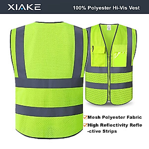 XIAKE 4 Pockets High Visibility Reflective Safety Vest Mesh Lite Zipper Front, Meets ANSI/ISEA Standards(Large,Yellow)