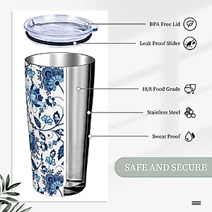 JASROTAO Blue White Porcelain Tumbler,Ceramics 20oz Stainless Steel Insulated Travel Tumbler,Travel Coffee Mug with Lid and Straw Water Bottle Drink Tumbler Cups Gifts for Women Men Lovers