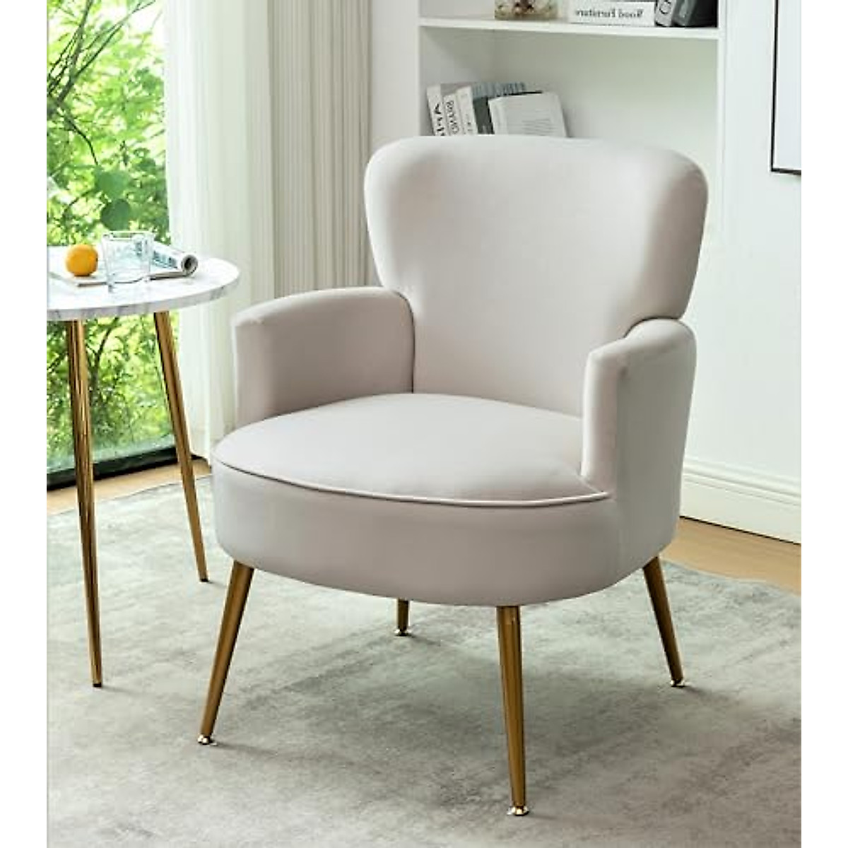 Container Furniture Direct Trendy Velvet Accent Chair with Gold Metal Legs, Upholstered Armchair for Small to Mid-Size Spaces, Modern Living Room, Bedroom, Vanity Desk and Entryway, Medium, Ivory