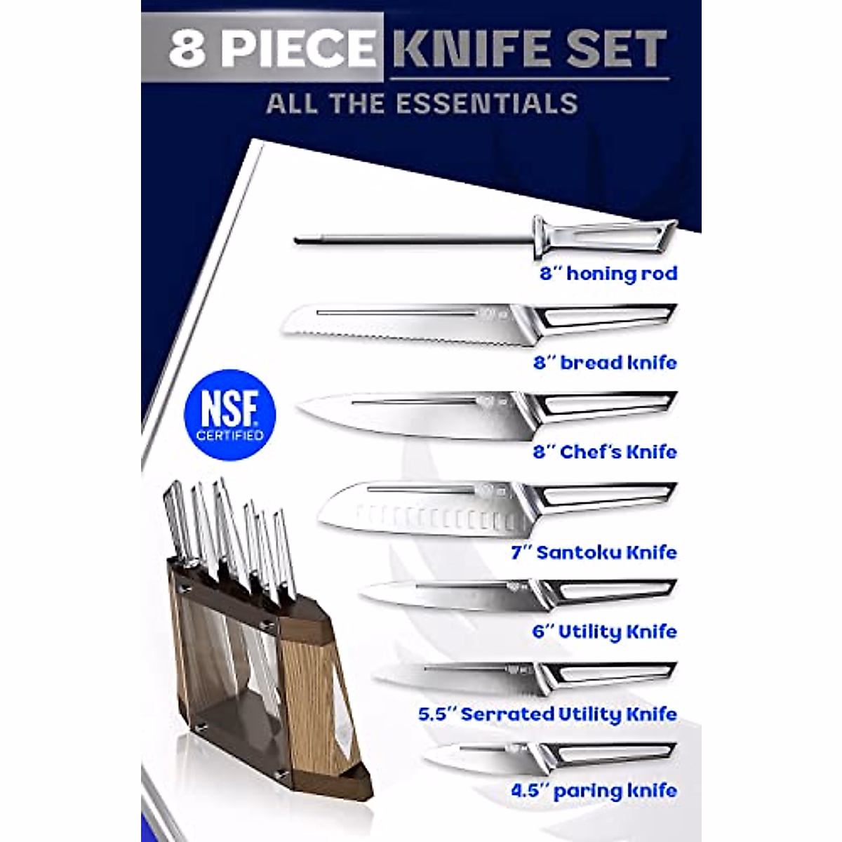 Dalstrong Knife Block Set - 8 Piece - Crusader Series - Forged High-Carbon German Stainless Steel - Manchurian Ash Wood Block Stand - Professional Kitchen Set - Knife Set - NSF Certified