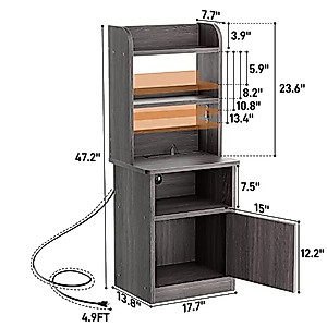 Tall Nightstand with Charging Station and LED Lights - 47" Tall Bedside Table with Adjustable Bookshelf, Industrial End Table Side Table with Storage Cabinet for Home Office, Enoch Walnut