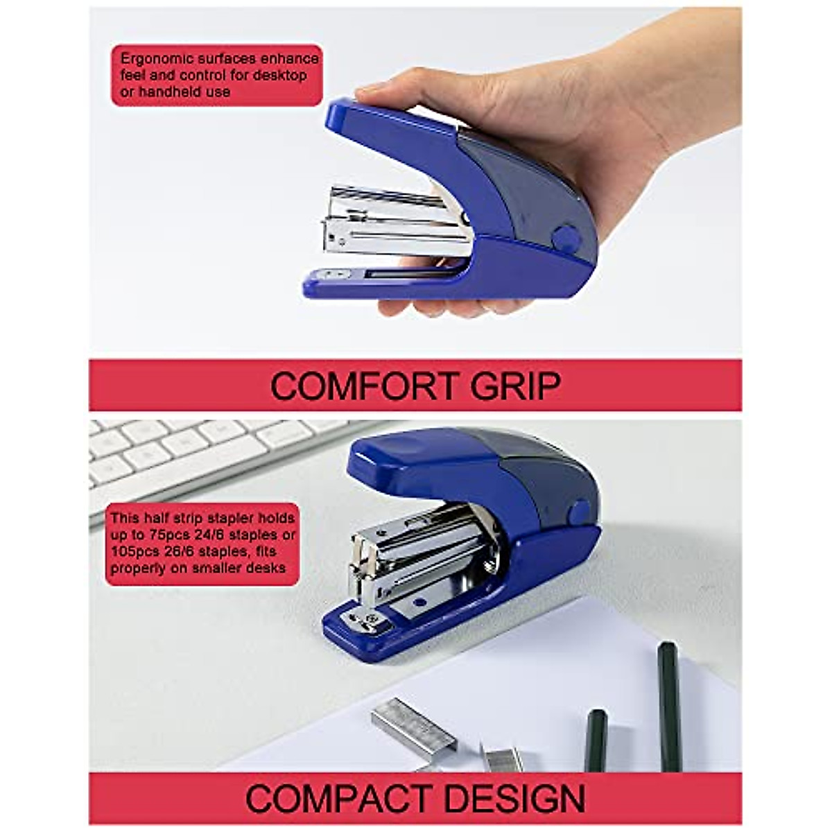 PAPERPAL Effortless Standard Stapler Set, 20 Sheet Capacity, Half Strip, Built-in Staples Storage, Holds 1/4" Staples, Includes 1000 Staples and A Staple Remover, Office, School & Daily Use, Dark Blue