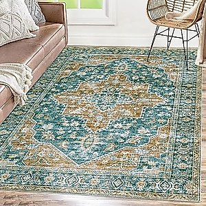 Garvee Persian Rug 5x7 Washable Rug Vintage Medallion Distressed Rug Ultra-Thin Soft Rugs for Living Room Low Pile Non-Slip Bedroom Rug Non-Shedding Accent Floor Carpet Dining Room Home Office Orange