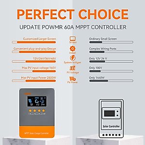 PowMr MPPT 60a Solar Charge Controller 12V 24V 36V 48V Max 2080W 150 Input MPPT Charger w/LCD