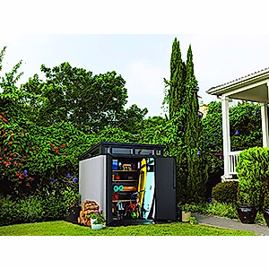 Keter Artisan 7x7 Foot Outdoor Shed with Floor-Modern Design for Patio Furniture Lawn Mower, Tools, and Bike Storage, Grey