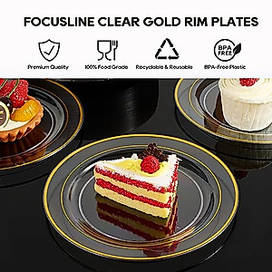 FOCUSLINE 100 Count Clear Gold Plastic Plates 7 Inch, Disposable Heavy Duty Clear Plates with Gold Rim, Premium Hard Plastic Plates Fancy Disposable Clear Salad Plates for Wedding Parties