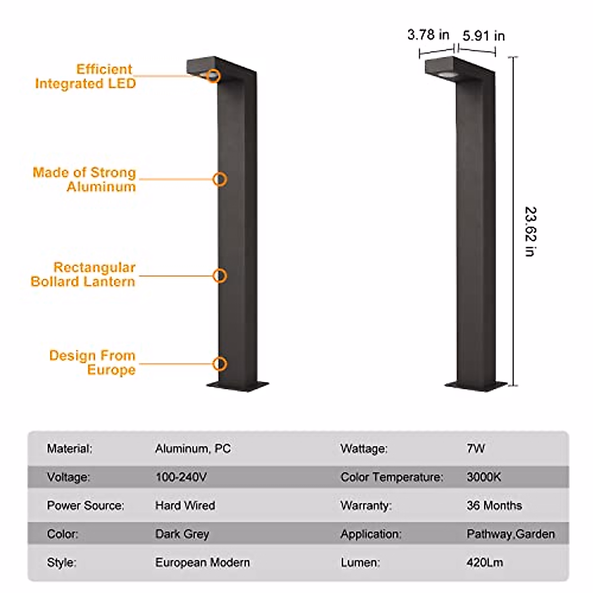 Inowel Light Outdoor Landscape Pathway LED Lights Modern Wired Driveway Lighting Decorative Bollard Lamp IP54 Waterproof Grey for Walkway Patio Garden,23.6In 120V