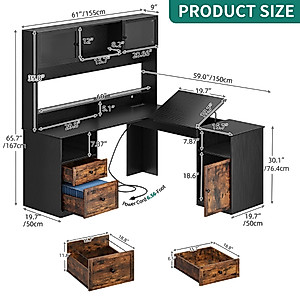 YITAHOME L Shaped Desk with Drawers & Hutch, 61" Computer Desk with Power Outlets & LED Lights, Corner Office Desk with Storage Cabinet, Drafting Table, Wood Desk, Black & Rustic Brown