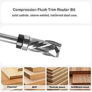 Spiral Flush Trim Router Bit 1/4 Shank by PROMSA, Ultra-Performance Compression Top Bearing Router Bit, Solid Carbide Trim Router Bits, Flush Cut Router Bit for Wood Trimming, Up-Down Cut