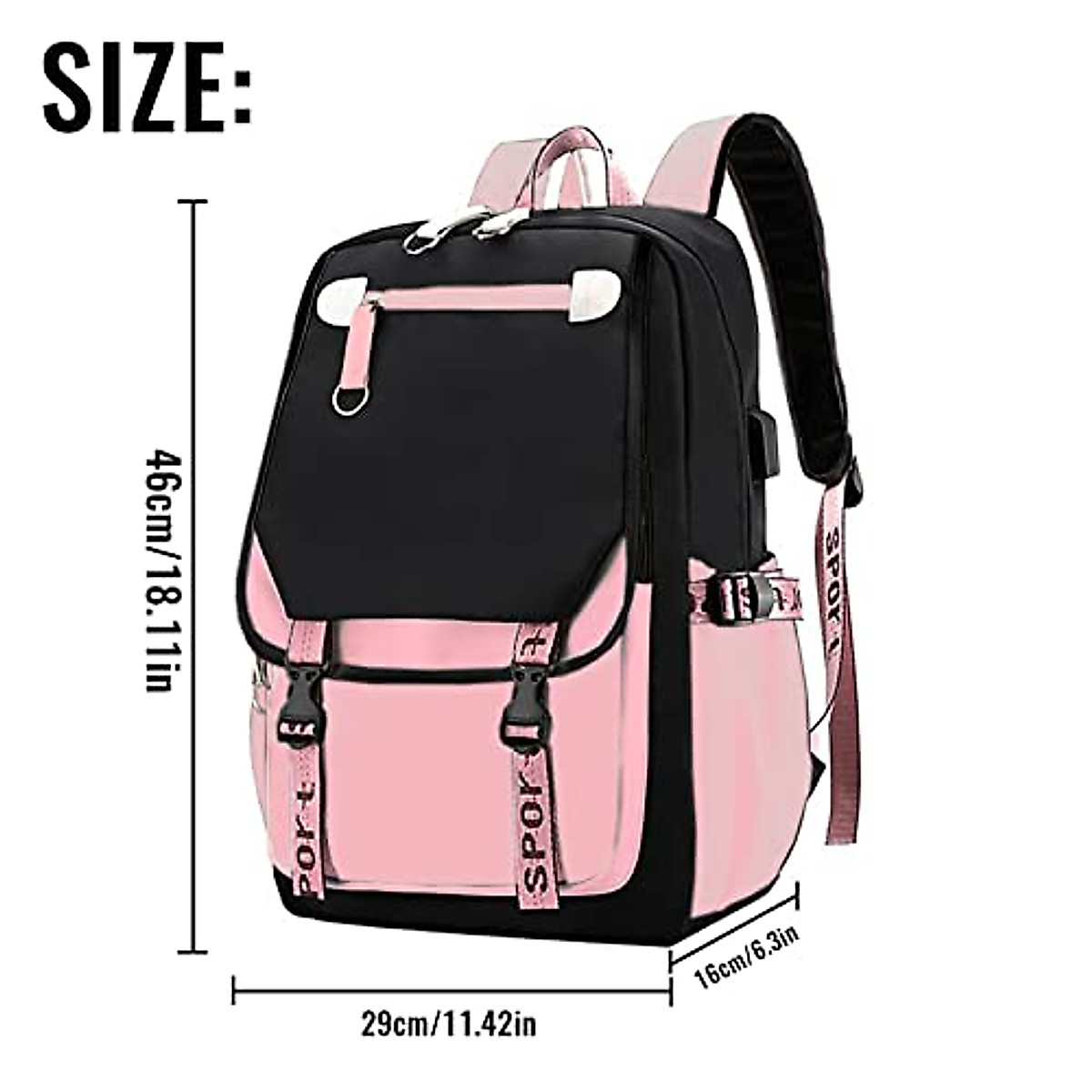 coxqermo Cute Cool Backpack for Girls, Kawaii Cartoon Backpack with Plush Pendant,Middle School Students Bookbag Daypack with USB Charge Port