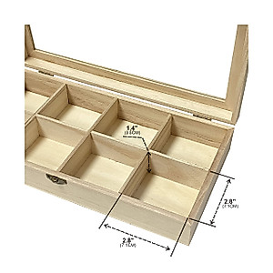 Cregugua 2 Pack Unfinished Wooden Box with Glass Lid, Wood Jewelry Storage Tray Box,8 Compartment Organizer 12.6 x 6.3 x 2.4 In