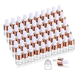 Clear Glass Dropper Bottles,50 Packs Essential Oils Bottles With Rose Gold Lids Perfume Sample Vials Travel DIY Cosmetic Liquid Containers 2 Pipettes Included (1ml(1/4 Dram))