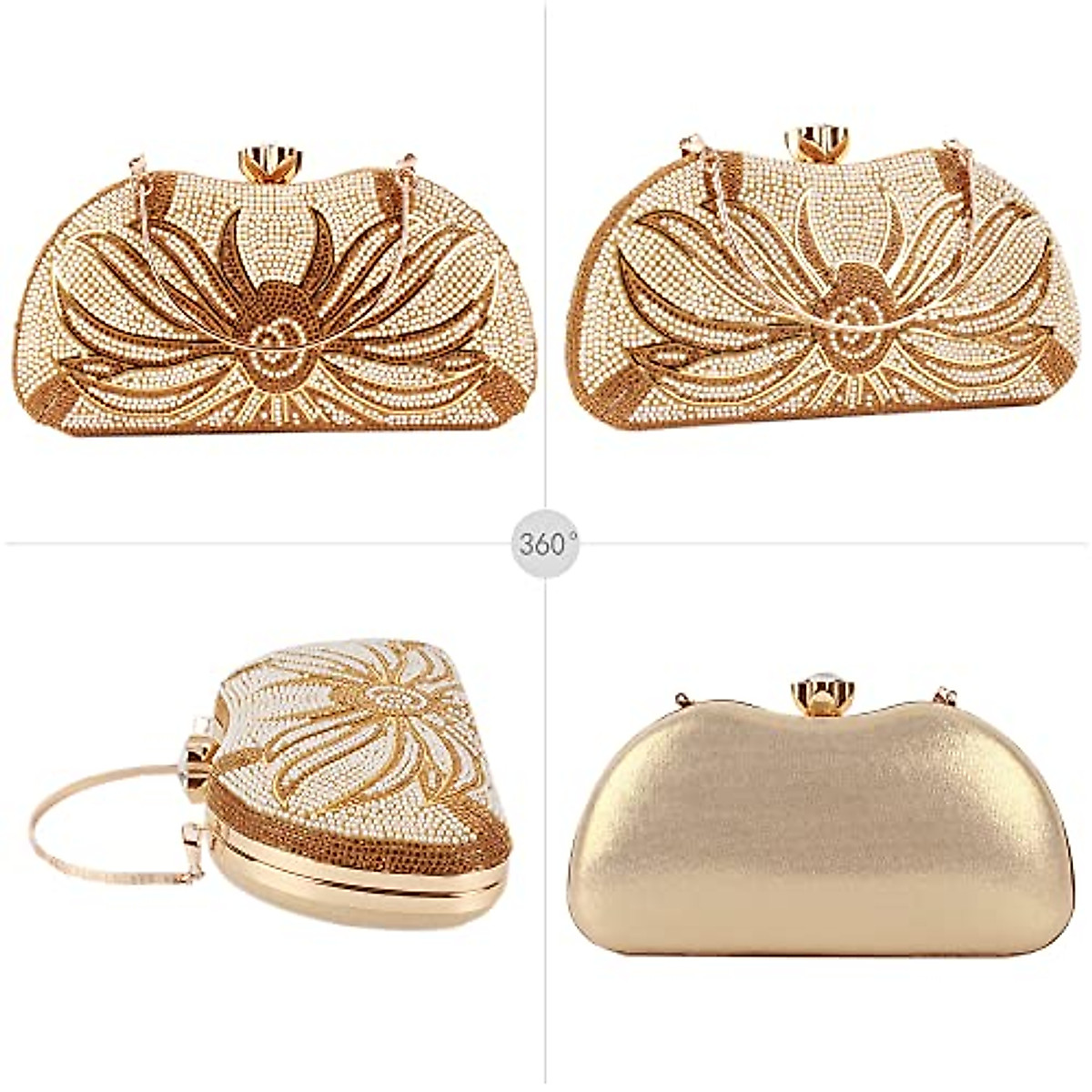 Felice Ann Mini Flower Rhinestone Studded Metal Top-Handle Bag Evening Clutch Chain Strap Cross Body Shoulder Bag