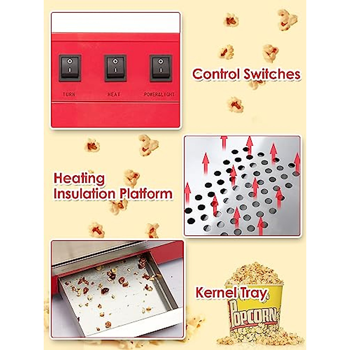 Garvee Commercial Popcorn Machine - Electric Extra Large Popcorn Popper Machine 8 oz Kettle, Popper Popcorn Maker for 60 Cups for Batch,Movie Theater Poppers Machine with 10 PACK Popcorn Buckets