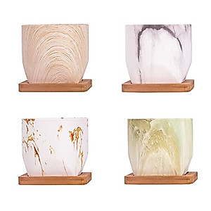 ARTKETTY Succulent Pots with Drainage, 8 Pcs Succulent Planters Pots with Bamboo Trays, Small Marble Cactus Planter Ceramic Flower Bonsai Pots for Indoor/Outdoor Decorative Garden Home Office